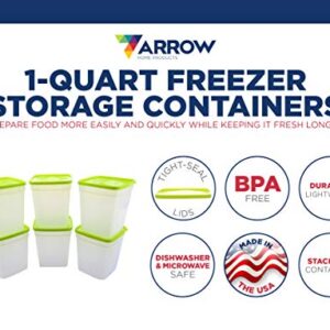 Arrow Home Products 1 Quart Freezer Food Storage Containers with Lids, 6 Pack - USA Made Reusable Freezer Containers for Food Storage - Prep, Store, Freeze - BPA Free, Dishwasher Safe, Durable