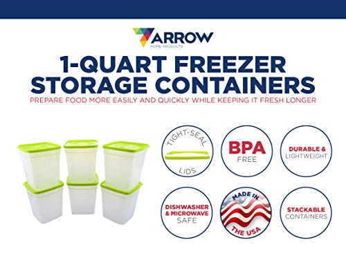 Arrow Home Products 1 Quart Freezer Food Storage Containers with Lids, 6 Pack - USA Made Reusable Freezer Containers for Food Storage - Prep, Store, Freeze - BPA Free, Dishwasher Safe, Durable