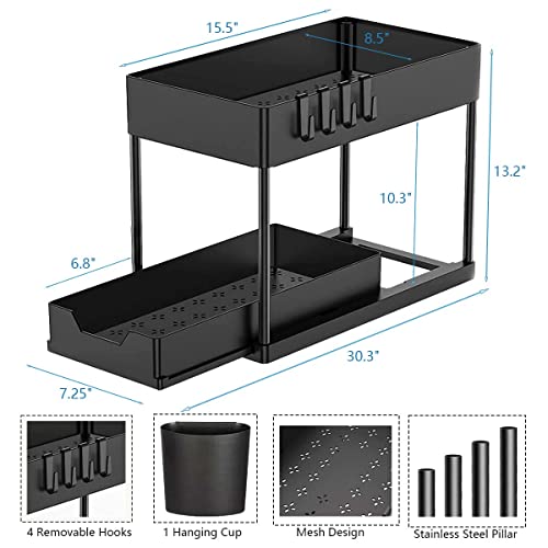 Under Sink Organizers and Storage, 2 Pack Under Bathroom Storage Rack, Under Cabinet Organizer, Bathroom Organizer with Hooks, Multi-purpose Storage Shelf for Kitchen, Bathroom, Family