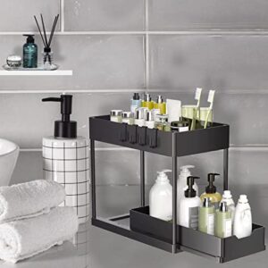 Under Sink Organizers and Storage, 2 Pack Under Bathroom Storage Rack, Under Cabinet Organizer, Bathroom Organizer with Hooks, Multi-purpose Storage Shelf for Kitchen, Bathroom, Family