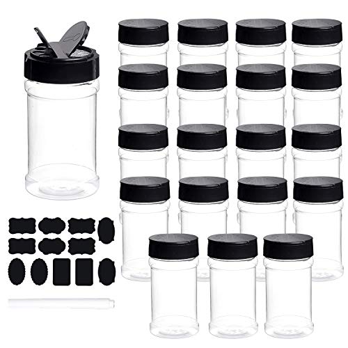 Spice Bottles, Dabacc 20Pcs 7oz Clear Plastic Container Jars with Lids Labels for Kitchen Storing Spice Powders Dry Goods Peanut Butter BPA free