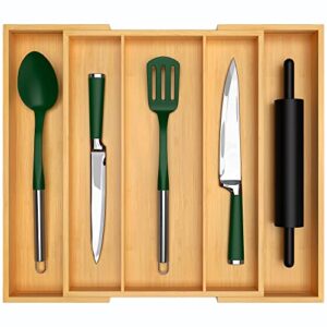 royal craft wood luxury bamboo kitchen drawer organizer – expandable utensil organizer for drawer – utensil and silverware holder and cutlery tray (natural, 19.6″x17″)