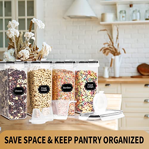 PRAKI Cereal Containers Storage Set (4L,135.2 Oz), 4PCS Airtight Food Storage Containers with Pour Spout for Kitchen & Pantry Organization Cereal Dispensers with 20 labels, Measuring Cup & Marker