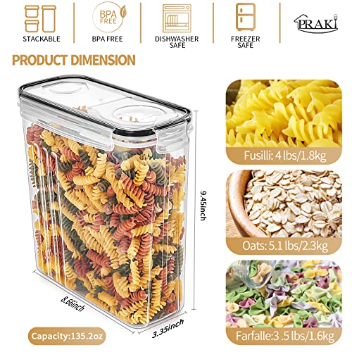 PRAKI Cereal Containers Storage Set (4L,135.2 Oz), 4PCS Airtight Food Storage Containers with Pour Spout for Kitchen & Pantry Organization Cereal Dispensers with 20 labels, Measuring Cup & Marker