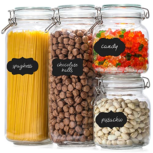 [ Taller ] Glass Jars with Airtight Lid, 92oz/34oz Large Glass Food Storage Jars, 4 Pack Wide Mouth Airtight Glass Jars for Kitchen Pantry Spaghetti, Square Mason Jars with Labels