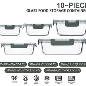 M MCIRCO 20 Pieces Glass Food Storage Container with Lids, Airtight Glass Lunch Bento Boxes, Leak Proof Glass Meal Prep Container,Microwave, Oven, Freezer and Dishwasher Friendly