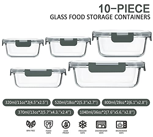 M MCIRCO 20 Pieces Glass Food Storage Container with Lids, Airtight Glass Lunch Bento Boxes, Leak Proof Glass Meal Prep Container,Microwave, Oven, Freezer and Dishwasher Friendly