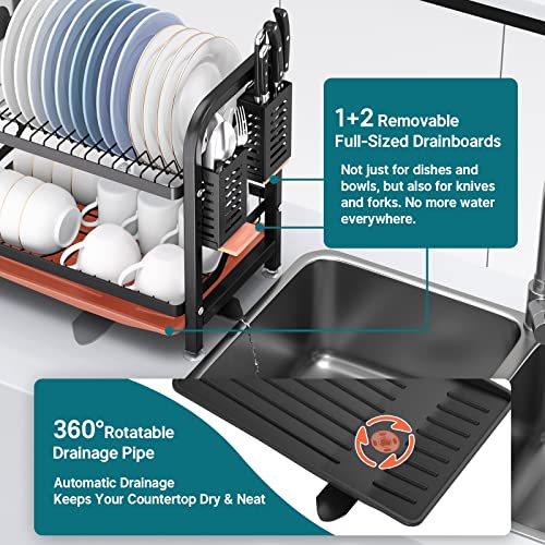 Amazer 2 Tier Dish Drying Rack with Drainboard Original, Dish Racks for Kitchen Counter, Height Adjustable Dish Rack and Drainboard Set with 2 Utensil Holders, Strong Structure, Large Capacity, Black