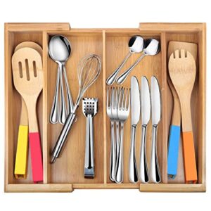 BAMBUROBA Drawer Dividers Silverware Tray Expandable Utensil Cutlery Tray Bamboo Wooden Adjustable 4 Compartments Flatware Organizer Kitchen Storage Holder for Knives Forks Spoons