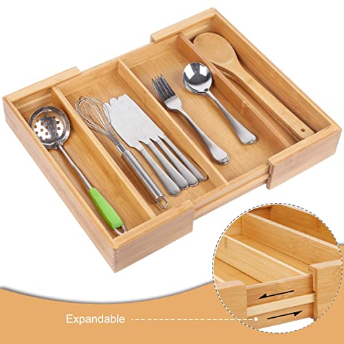 BAMBUROBA Drawer Dividers Silverware Tray Expandable Utensil Cutlery Tray Bamboo Wooden Adjustable 4 Compartments Flatware Organizer Kitchen Storage Holder for Knives Forks Spoons