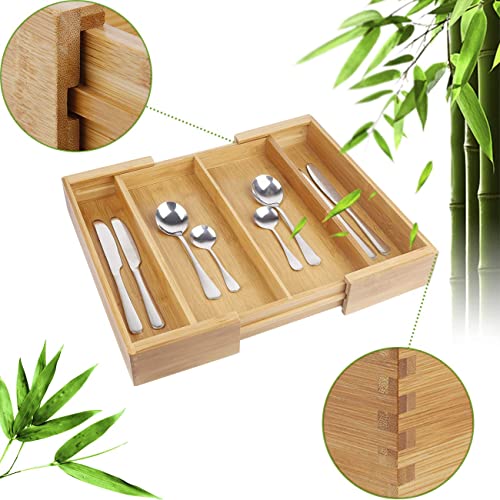 BAMBUROBA Drawer Dividers Silverware Tray Expandable Utensil Cutlery Tray Bamboo Wooden Adjustable 4 Compartments Flatware Organizer Kitchen Storage Holder for Knives Forks Spoons