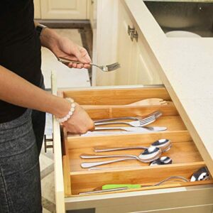 BAMBUROBA Drawer Dividers Silverware Tray Expandable Utensil Cutlery Tray Bamboo Wooden Adjustable 4 Compartments Flatware Organizer Kitchen Storage Holder for Knives Forks Spoons