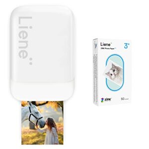 liene 2×3” photo printer, mini instant portable photo printer bundle w/ 50 zink adhesive paper, bluetooth 5.0, compatible w/ios & android, small picture printer for iphone, smartphone, white