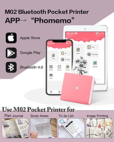 Phomemo M02 Pocket Printer- Mini Sticker Printer Bluetooth Inkless Thermal Photo Printer Compatible with Android iOS for Instantly Print Fun, Retro-Style Photos, Mini Life Assistant, Good Gift, Pink