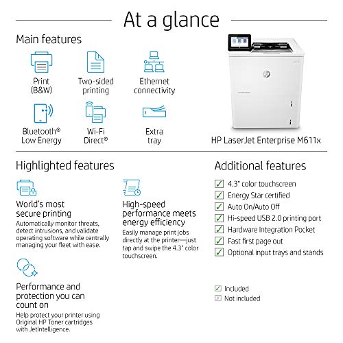 HP LaserJet Enterprise M611x Monochrome Printer with built-in Ethernet, 2-sided printing & extra paper tray (7PS85A) White