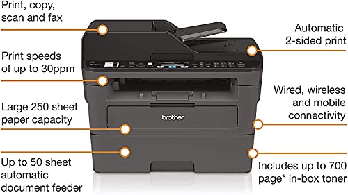 Brother MFC L2700 Series Compact Wireless Monochrome Laser All-in-One Printer, ADF, Mobile Printing, Print Copy Scan Fax, 2-line LCD, Up to 32 Pages/Min, Auto Duplex Printing, 32GB Tela USB Card