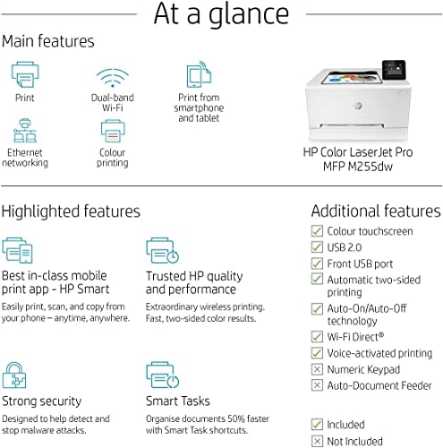 HP Color Laserjet Pro M255dw Wireless Laser Printer Single-Function, White - 22 ppm, 600 x 600 dpi, 8.5 x 14, Auto Duplex Printing, 2.7" Touchscreen, Ethernet, Cbmou Printer Cable