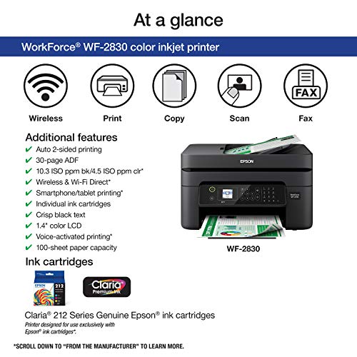 Epson Workforce WF-2930 Wireless All-in-One Printer with Scan, Copy, Fax, Auto Document Feeder, Automatic 2-Sided Printing and 1.4" Color Display