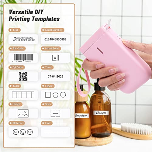 Uprinit Label Maker Machine with Tape, D11 Mini Label Printer Portable Bluetooth Sticker Maker Machine for Home Office Use with Multiple Printing Templates and USB Charger Cable | Pink