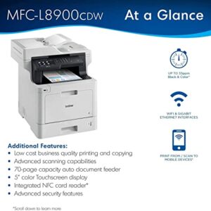 Brother Color MFC-L8900CDW Wireless All-in-One Laser Printer, White - Print Copy Scan Fax - 33 ppm, 2400 x 600 dpi, 5" Touchscreen LED, Auto Duplex Printing, 70-Sheet ADF, NFC, Ethernet