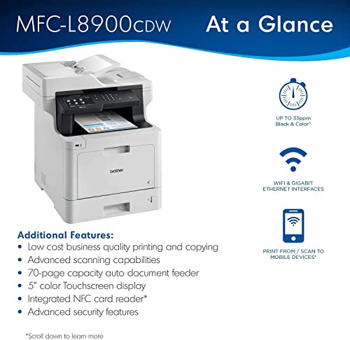 Brother Color MFC-L8900CDW Wireless All-in-One Laser Printer, White - Print Copy Scan Fax - 33 ppm, 2400 x 600 dpi, 5" Touchscreen LED, Auto Duplex Printing, 70-Sheet ADF, NFC, Ethernet