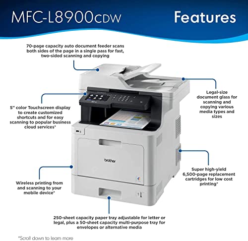 Brother Color MFC-L8900CDW Wireless All-in-One Laser Printer, White - Print Copy Scan Fax - 33 ppm, 2400 x 600 dpi, 5" Touchscreen LED, Auto Duplex Printing, 70-Sheet ADF, NFC, Ethernet