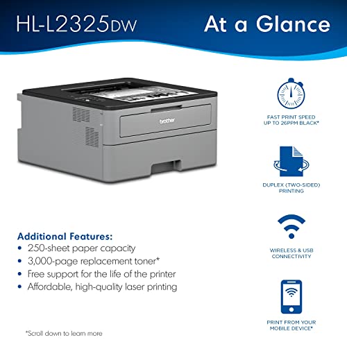 New Brother Compact Monochrome Laser Printer, HL-L23 25DW, Automatic Duplex (2-Sided) Printing, Wireless Networking, Durlyfish USB Printer Cable