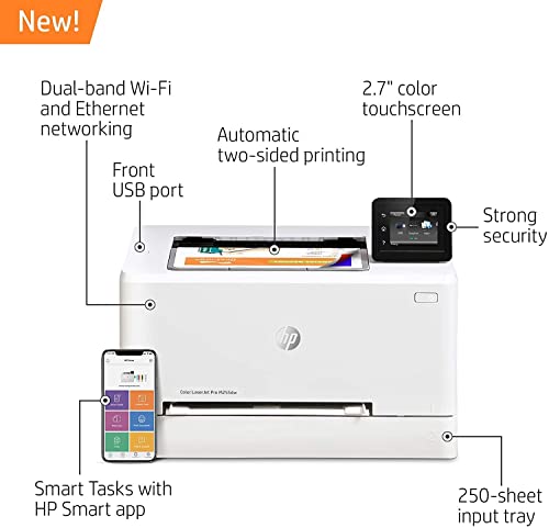 HP Color Laserjet Pro M255dw Wireless Laser Printer, Auto 2-Sided Printing, Remote Mobile Print, 22 ppm, 250-Sheet, Compatible with Alexa, White - Bundle with JAWFOAL Printer Cable