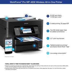 Epson Workforce Pro WF-4830 All-in-One Wireless Color Inkjet Printer - Print Scan Copy Fax - 4.3" Touchscreen Display, 25 ppm, 4800 x 2400 dpi, Auto 2-Sided Printing, 50-sheet ADF, 500-Sheet, Ethernet