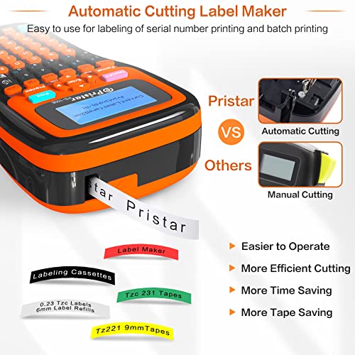 Auto-Cut Label Maker with 10 Tapes 12mm 0.47 Laminated Tape Compatible with tze-231, Pristar PS100E Handheld Labeler with Keyboard, Easy to Use for Tze 3.5-12mm Tapes, Multiple Line Labeling, Home Off