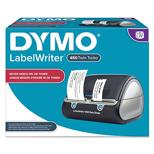 DYMO LabelWriter 450 Twin Turbo Direct Thermal Label Printer, Black - USB Connectivity Monochrome Barcode Label Maker - Print up to 71 Labels Per Minute, 300 x 600 dpi, 2.20" Maximum Print Width