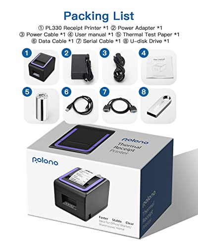 POLONO Receipt Printer, 3 1/8" 80mm PL330 Thermal Receipt Printer, 300mm/s POS Receipt Printer with Auto-Cutter for Cash Drawer/ESC/POS, POS Printer Compatible with Windows MAC OS Ethernet Serial USB