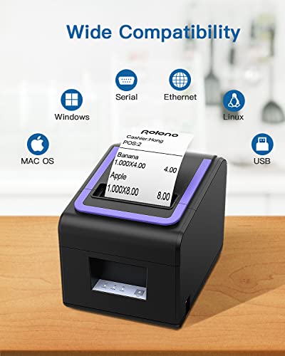 POLONO Receipt Printer, 3 1/8" 80mm PL330 Thermal Receipt Printer, 300mm/s POS Receipt Printer with Auto-Cutter for Cash Drawer/ESC/POS, POS Printer Compatible with Windows MAC OS Ethernet Serial USB