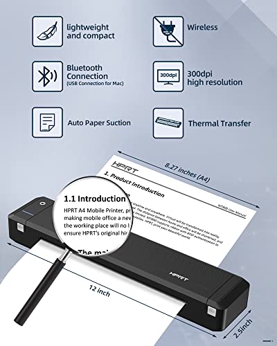 HPRT Portable Printer Wireless Bluetooth Thermal Transfer Mobile Printer Inkless Phone Compatible with Android and iOS, Laptop for Travel 8.5" X 11" US Letter&A4 Paper (USB Driver Included)