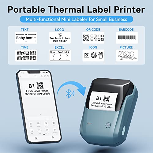 Label Makers B1 Portable Bluetooth Label Maker with Tape, New 2 Inch Thermal Label Printer for Barcode, Clothing, Address, Mailing, Compatible with Smartphone & Computer, with 1pack 50×30mm Label