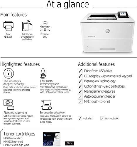 HP Laserjet Enterprise M507n Print Only Wired Monochrome Laser Printer, White - 2.7" LCD, 45 ppm, 1200 x 1200 dpi, 1.5GB Memory, 650 Sheets Input, USB 2.0 Ethernet Connectivity, Cbmou Printer Cable