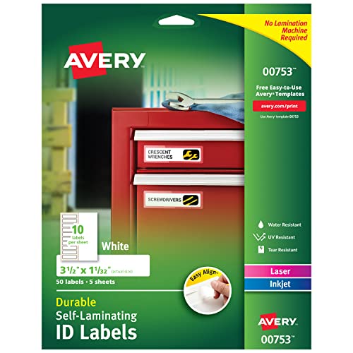 Avery Professional Grade Self-Laminating Water Resistant ID Labels, 3-1/2" x 1-1/32", 50 Pack (00753)