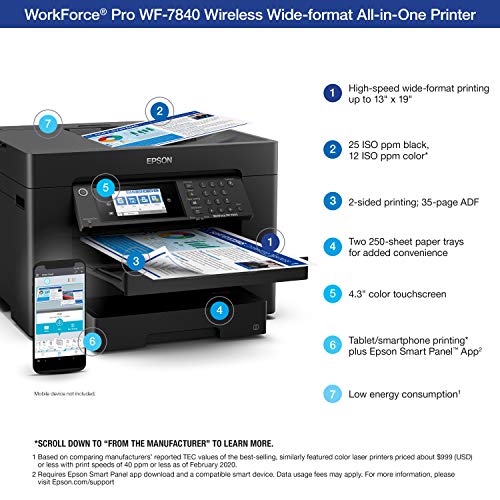 Epson Workforce Pro WF-7840 Wireless All-in-One Wide-Format Printer with Auto 2-Sided Print up to 13" x 19", 50-Page ADF, 500-sheet Paper Capacity. Full 1-Year Limited Warranty (Renewed)