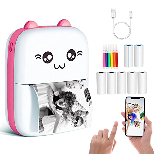 Mini Printer Portable, Pocket Thermal Printer, Inkless Printers for iOS and Android with 7 Rolls of Printing Paper in for Photos, Office Receipts, QR Codes, Labels, Notes(Pink)