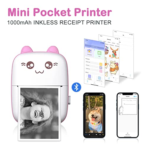 Mini Printer Portable, Pocket Thermal Printer, Inkless Printers for iOS and Android with 7 Rolls of Printing Paper in for Photos, Office Receipts, QR Codes, Labels, Notes(Pink)