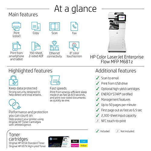 HP Color LaserJet Enterprise Flow MFP M681z | Streamline complicated workflows | Fast scan speeds | Built-in OCR software (J8A13A)