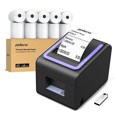 POLONO Receipt Printer, 3 1/8"" 80mm PL330 Thermal Receipt Printer, 300mm/s POS Receipt Printer, 3 1/8” x 230' Thermal Paper, Receipt Paper Suitable for Many Credit Card Terminals, BPA Free, 10 Rolls