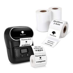 phomemo m110 bluetooth label maker with 3 rolls 1.18″ x 0.79″ (30x20mm)，bluetooth thermal label maker printer for clothing, jewelry, retail, mailing, barcode, compatible with android & ios system