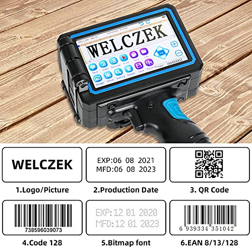 WELCZEK WK-01 Portable Handheld Printer with 5 Inch Touch Screen, Printing Height 0.08-0.5 Inch Inkjet Coding Machine for Label Barcode Variable Data etc (Support 20 Languages & Handwriting Function)