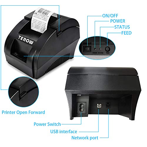 TEROW Printer T5890K USB Thermal Receipt Printer 58MM POS Portable Label Printer with High Speed Printing Mini Small Pos Receipt Printer for Restaurant/Sales/Kitchen Support Windows 7/8/9X/10/XP