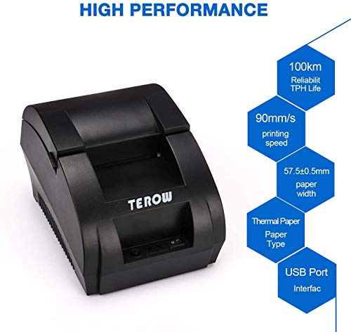 TEROW Printer T5890K USB Thermal Receipt Printer 58MM POS Portable Label Printer with High Speed Printing Mini Small Pos Receipt Printer for Restaurant/Sales/Kitchen Support Windows 7/8/9X/10/XP