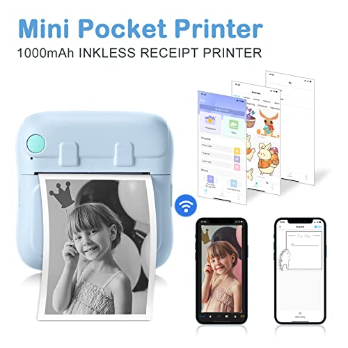 Mini Printer Portable for Smartphone, Wireless Thermal Printer Photo Printer with 7 Rolls of Paper, Inkless Pocket Printer Bluetooth Smart Printer for Picture, Receipt Label, Note, QR Code Printing