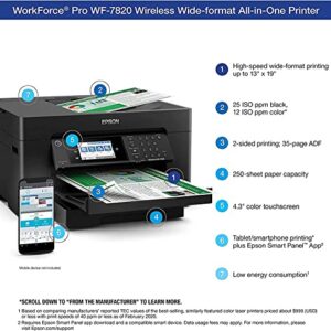 Epson Workforce Pro WF-7820 Wide-Format Wireless All-in-One Color Inkjet Printer, Black - Print Scan Copy Fax - 4.3" Touchscreen, 25 ppm, 4800 x 2400 dpi, Auto 2-Sided Printing, 13"x19", 50-Sheet ADF