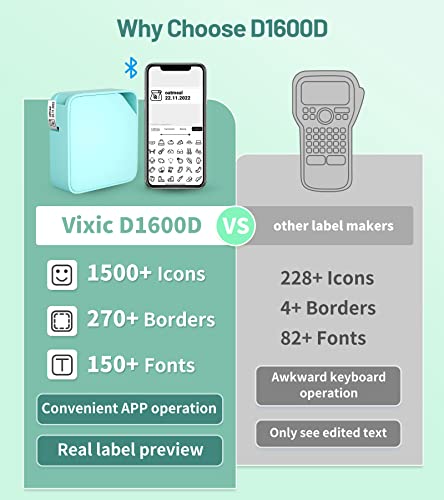 Vixic Label Maker Machine with Tape D1600D Bluetooth Label Maker, Portable Label Printer Wireless Sticker with Multiple Templates Available for Labeling, Labeler for Home Office Organization, Green