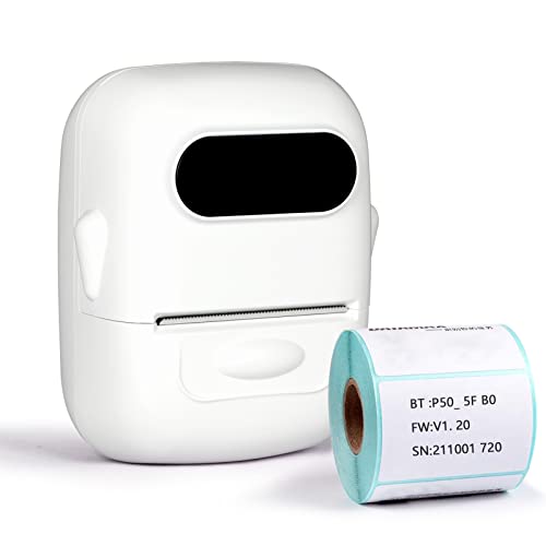 P50 Label Printer Portable Mini Label Maker Machine Bluetooth Thermal Label Maker Compatible with Android & iOS System Apply to Labeling Office Cable Retail Tag Barcode (White + A Roll Thermal Paper